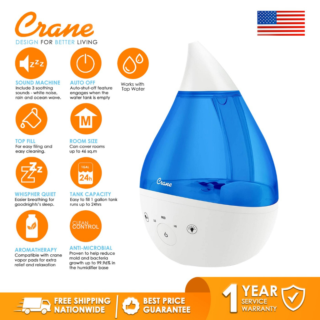 Crane 4-in-1 Top Fill Cool Mist Humidifier w/ Sound Machine and ...