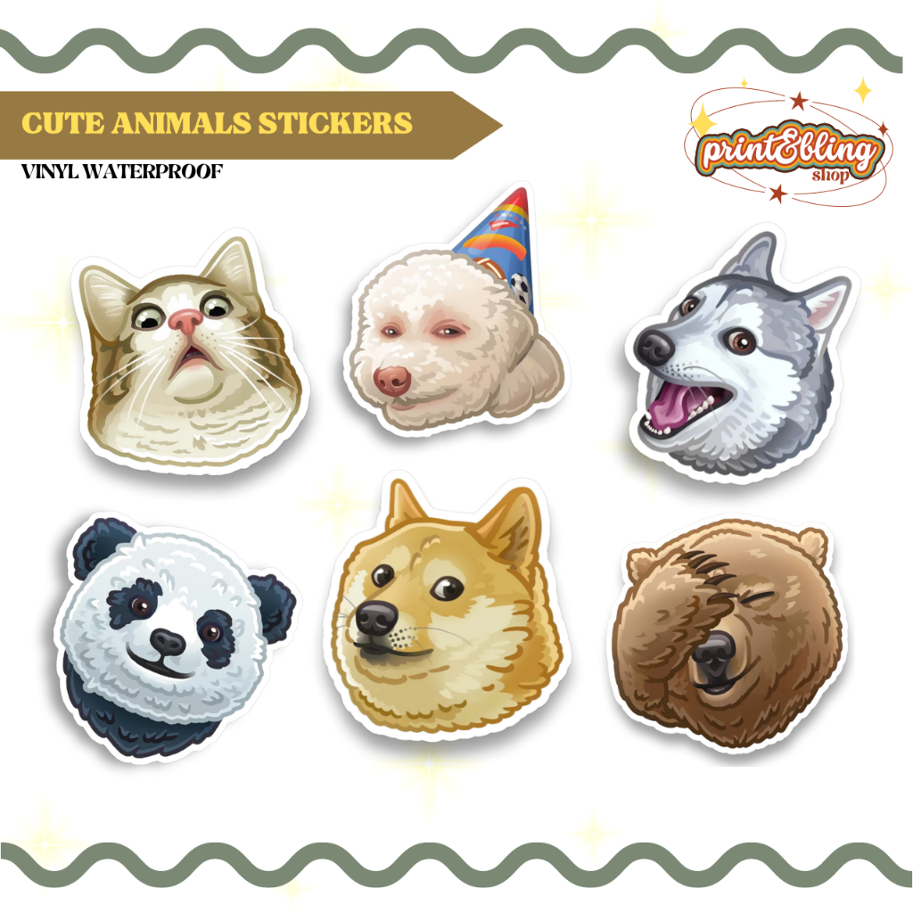 Cute Cat Dog Panda Animals Face Stickers - Vinyl Laminated Waterproof ...