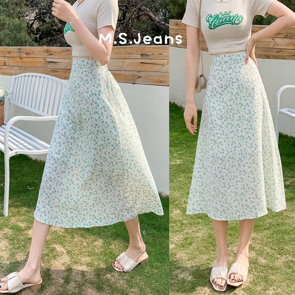 Girls Floral A-line Skirt Summer Sweet High Waist Korean Version of Mid ...