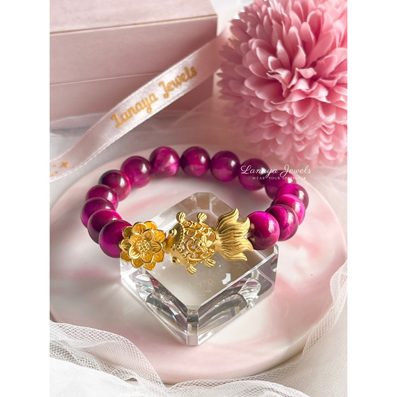 24K HK Gold Fish & Lotus in Magenta Tigers Eye Bracelet | Shopee ...