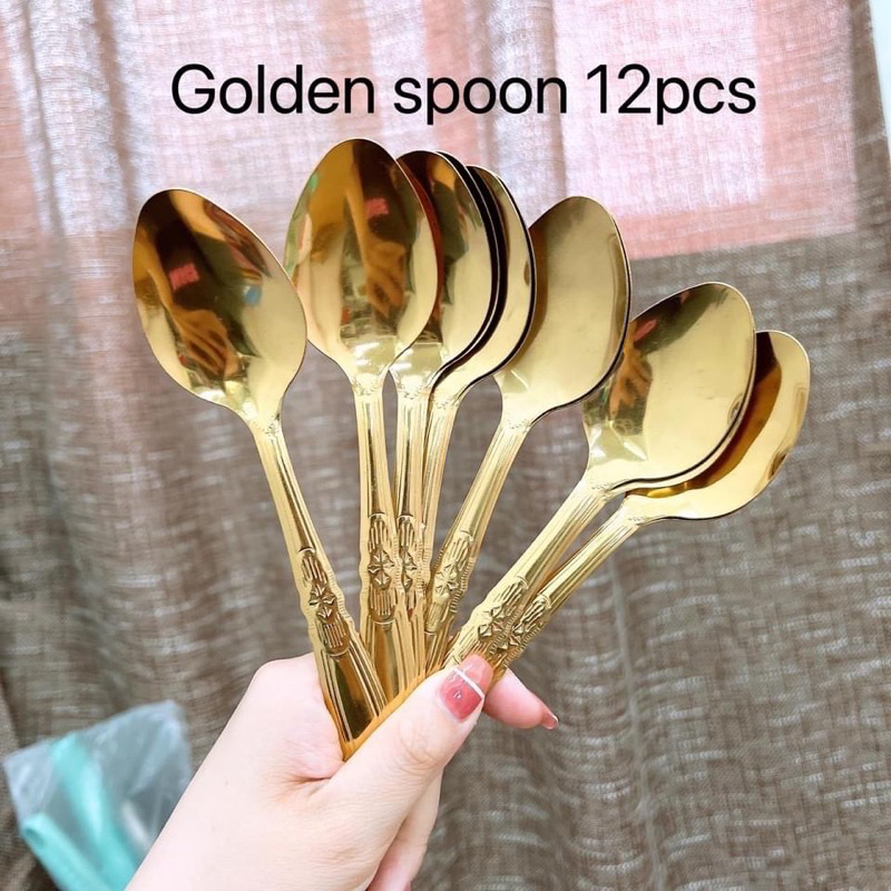 Stainless Gold Steel 1 dozen Thin Spoon Set With Design GOLD | Shopee ...