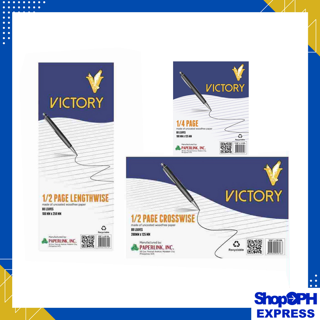 VICTORY Quiz Pad White Color 1/2 crosswise | 1/4 page | 1/2 lengthwise ...