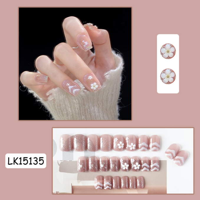 24 Pcs Long Fake Nails Set With Glue French Nail Diy Design Decorative