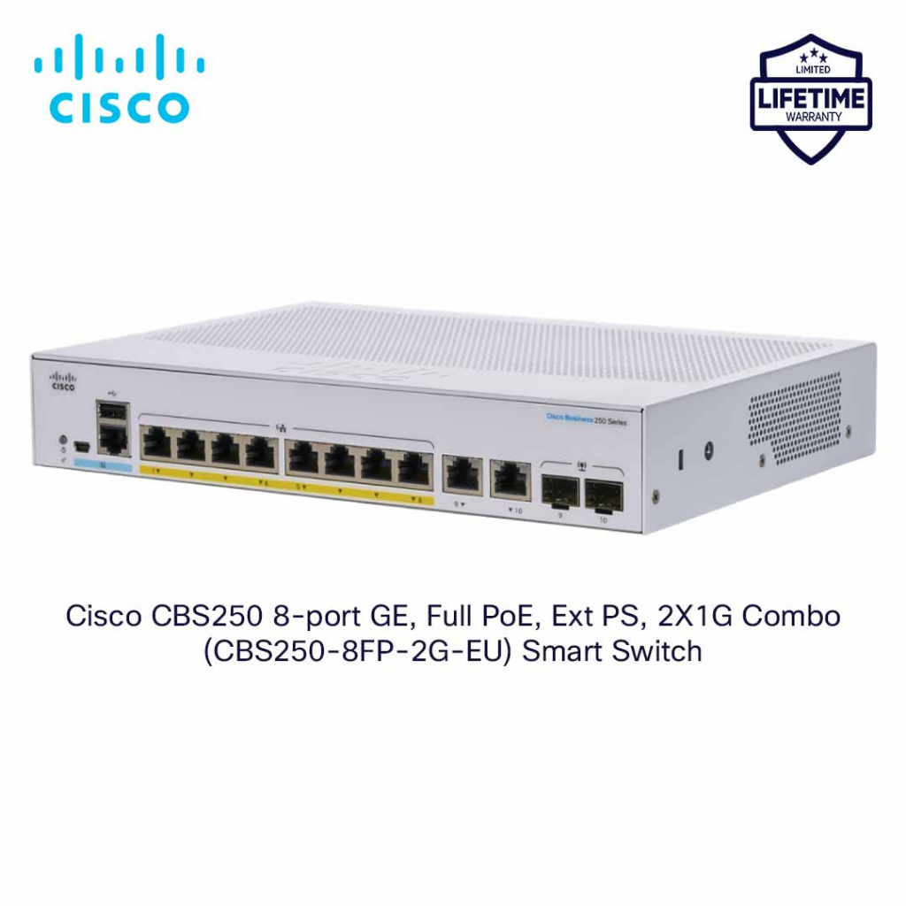 Cisco CBS250 8-port GE, Full PoE, Ext PS, 2x1G Combo Smart Switch ...
