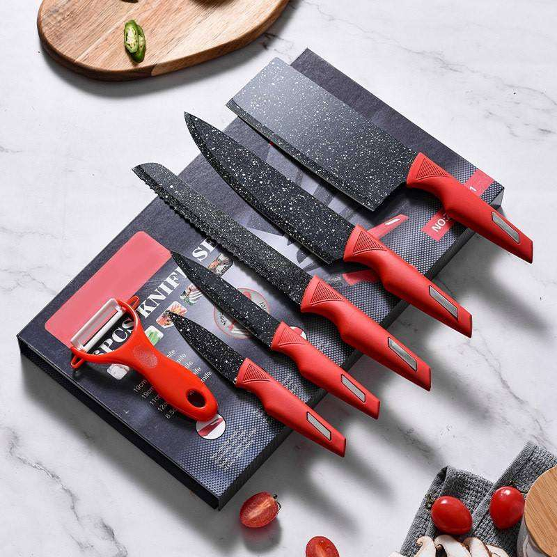 Knife set 6 pcs with ceramic coated black blade and rubberized handle ...