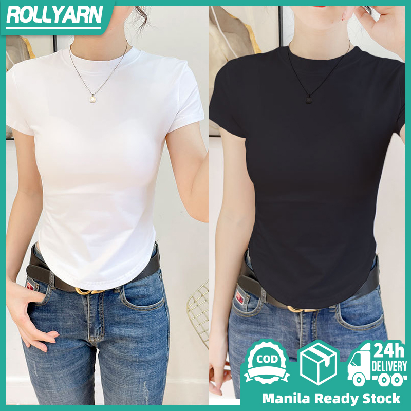 Solid Color Round Neck Slim Tee Women White Black Short Sleeve T-Shirt ...