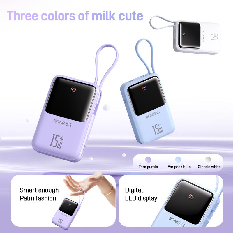 Romoss Pfc10 10000mah Powerbank Fast Charging Built-in Cable 2 Input 3 ...