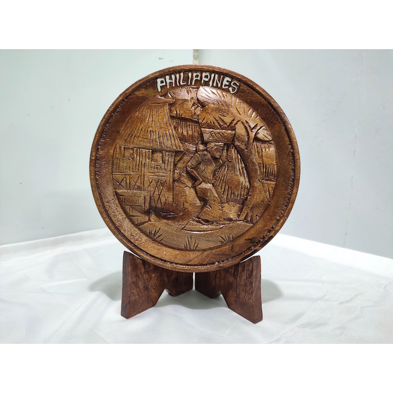 Carved Standing Lady and Bahay Kubo Wood Art Frame Display, Wooden Home ...