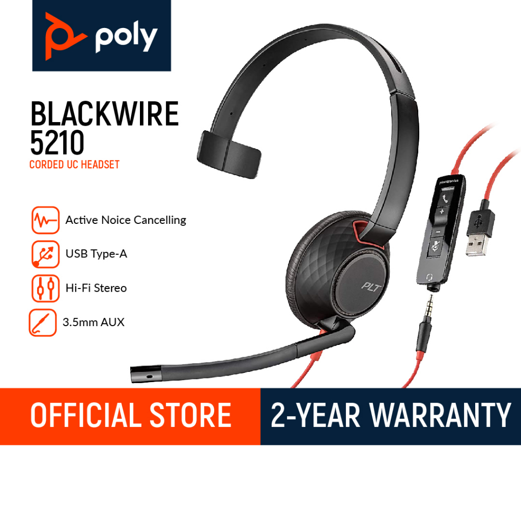 Poly - Blackwire 5210 - Wired, Single Ear (Monaural) Headset with Boom ...