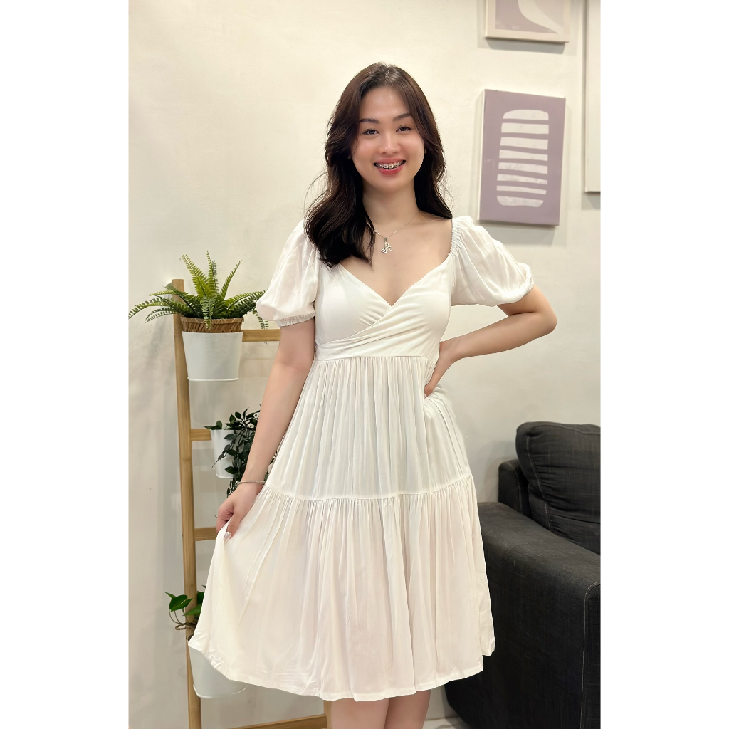 Yaree.Co Martha Puff Sleeves Overlap Midi Dress | Shopee Philippines