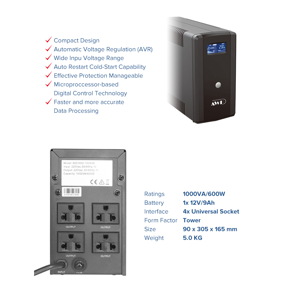 AWP AID1000 Pro Aide LCD 600W-1000VA UPS with AVR Uninterruptible Power ...