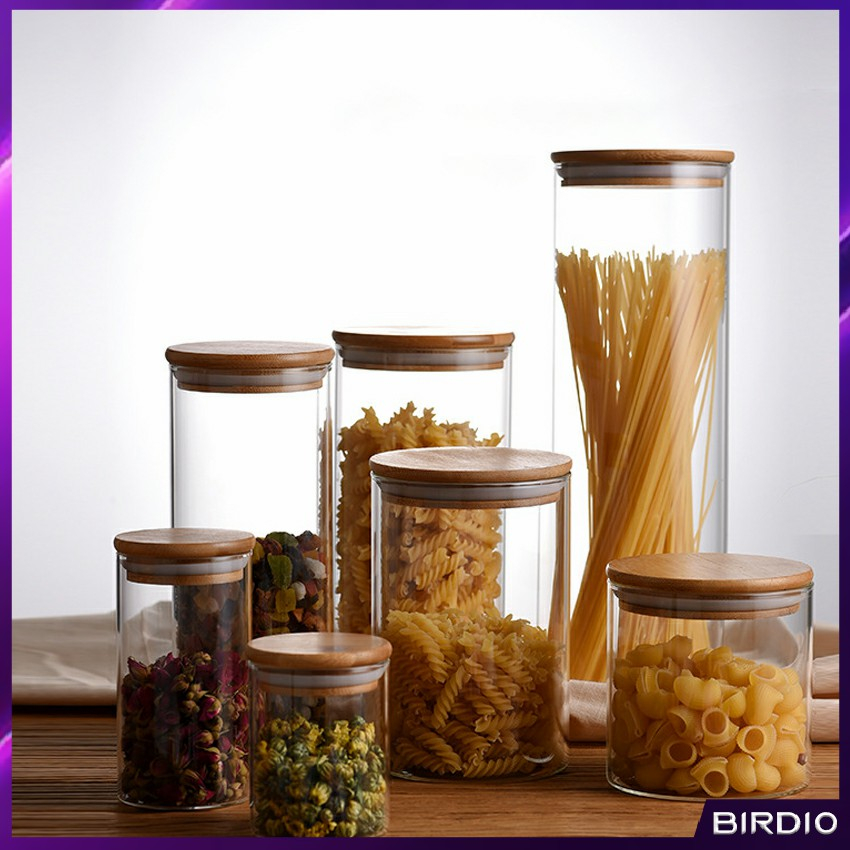 Birdio Glass Jar Food Storage Container Wooden Cover Airtight Kitchen ...