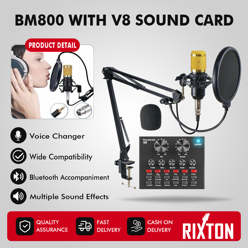 RIXTON Bm-800 Microphone Full Set Condenser V8 Soundcard BM-800 Microphone Pop Filter | Shopee ...
