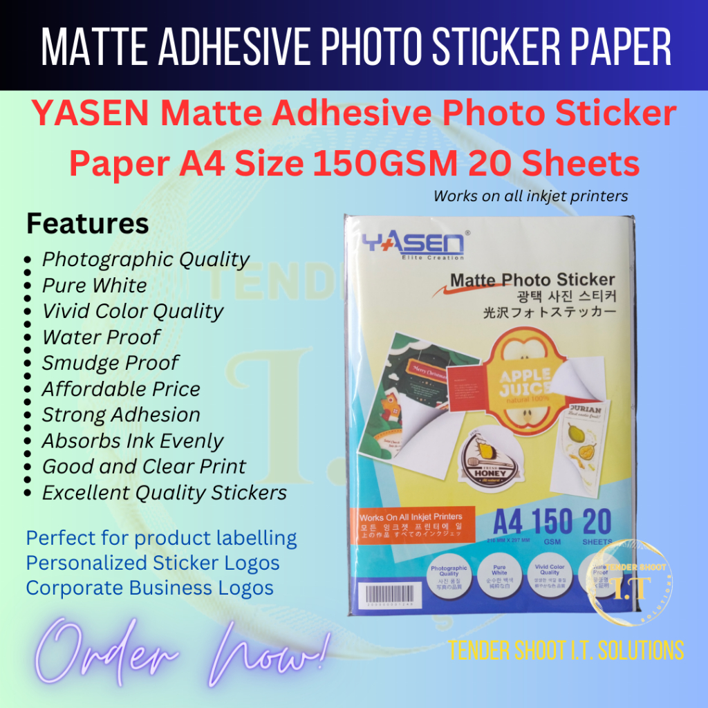 YASEN Matte Adhesive Photo Sticker Paper A4 Size 150GSM 20 Sheets ...