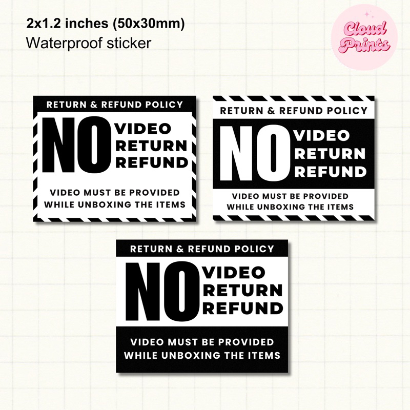 NO VIDEO NO RETURN NO REFUND waterproof Packaging Sticker Label 50/100 ...
