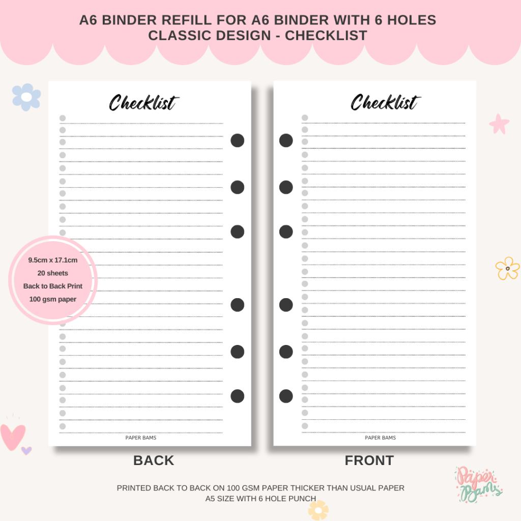 A6 Binder Refill for 6 holes binder A6 Loose Leaf Refill Classic Plain ...