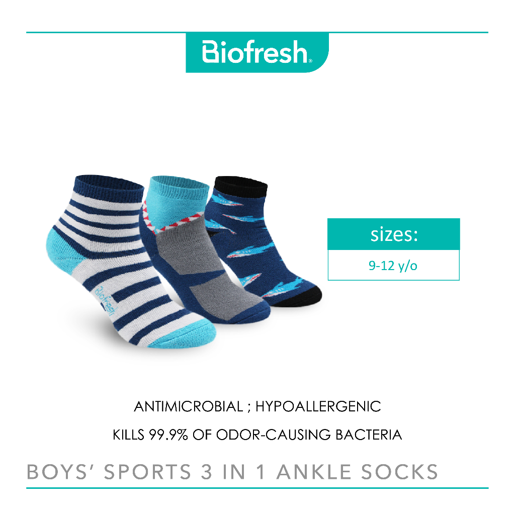 Biofresh Boys’ Antimicrobial Cotton Thick Sports Ankle Socks 3 pairs in ...