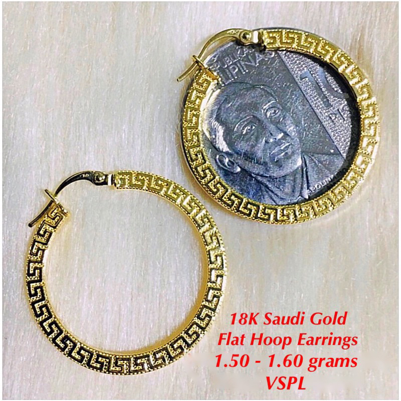 ONHAND 18K Saudi Gold Flat Hoop Earrings wuth Design (10 Peso Size ...