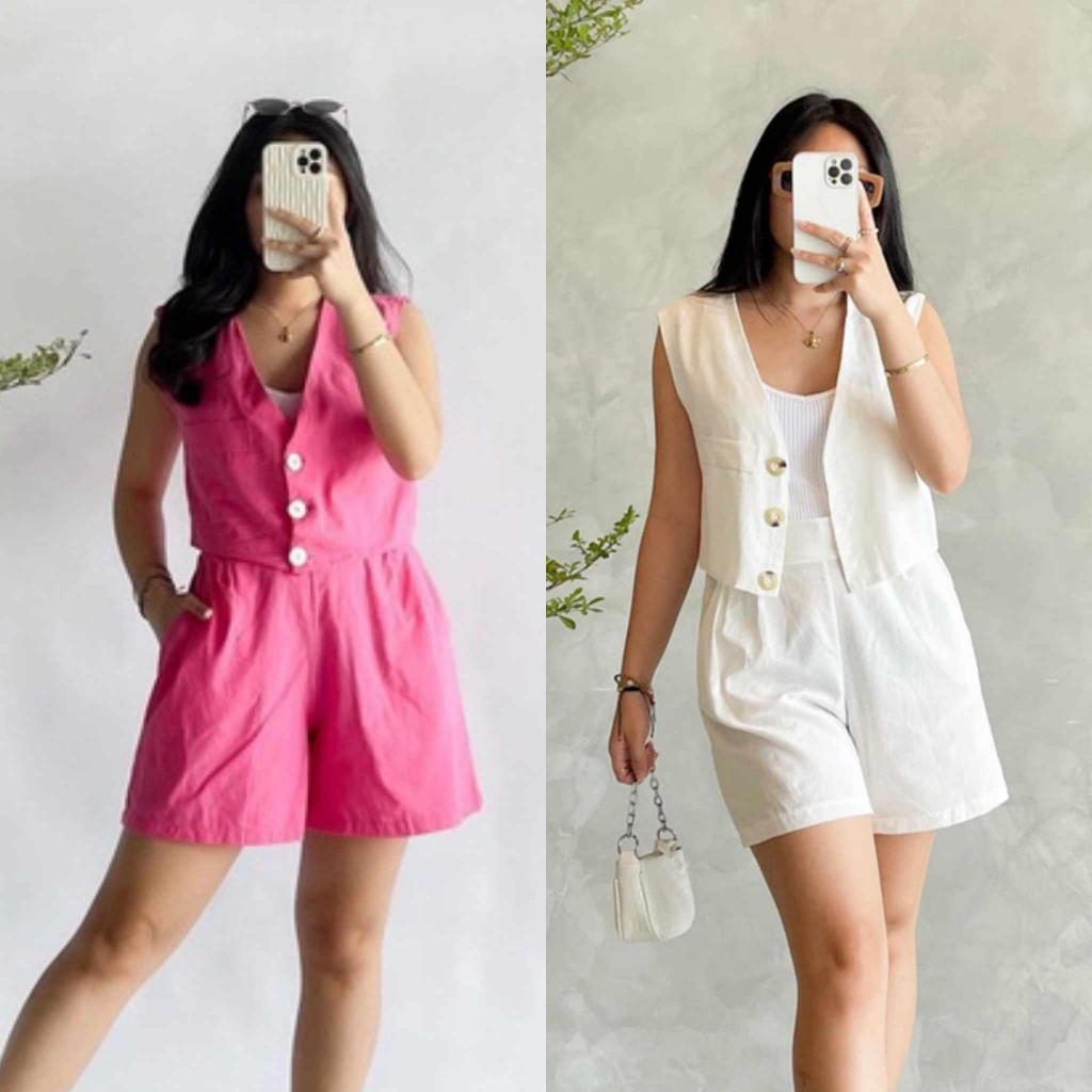 Mango Linen Chaleco + Boyfriend Shorts Linen Set - with Pockets ...