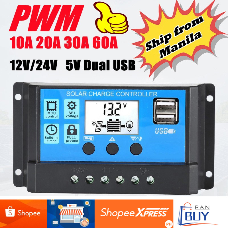 10/20/30A PWM 12V/24V Solar Panel Regulator Charge Controller battery charger LCD Display USB ...