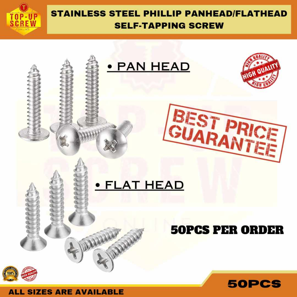(50pcs) #8 - #10 Stainless Steel Phillip Panhead/ Flathead Self-Tapping ...
