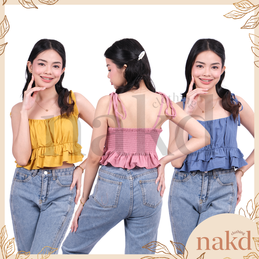 NAKD FASHION ONYX STRING SELF TIE COTTON LINEN SMOCKING RUFFLE CASUAL ...