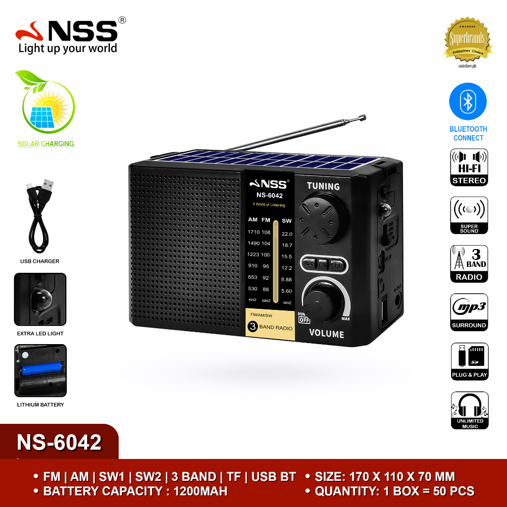 NSS Solar Radio Bluetooth Radio with 3 BAND FM/AM/SW USB/TF PLAYER NS ...