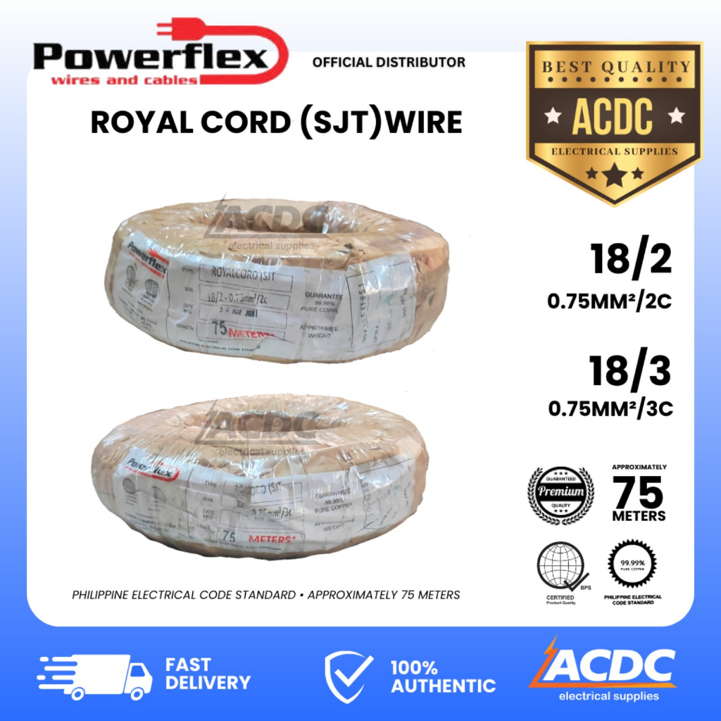 18/2, 18/3 (0.75mm2) Royal Cord Powerflex Wire 75Meters 2C , 3C ...