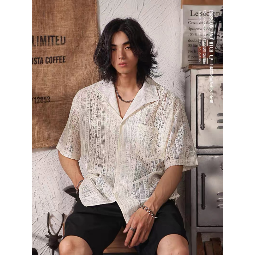 HUILISHI Korean Style Lace See Through Polo for Men Short Sleeve ...