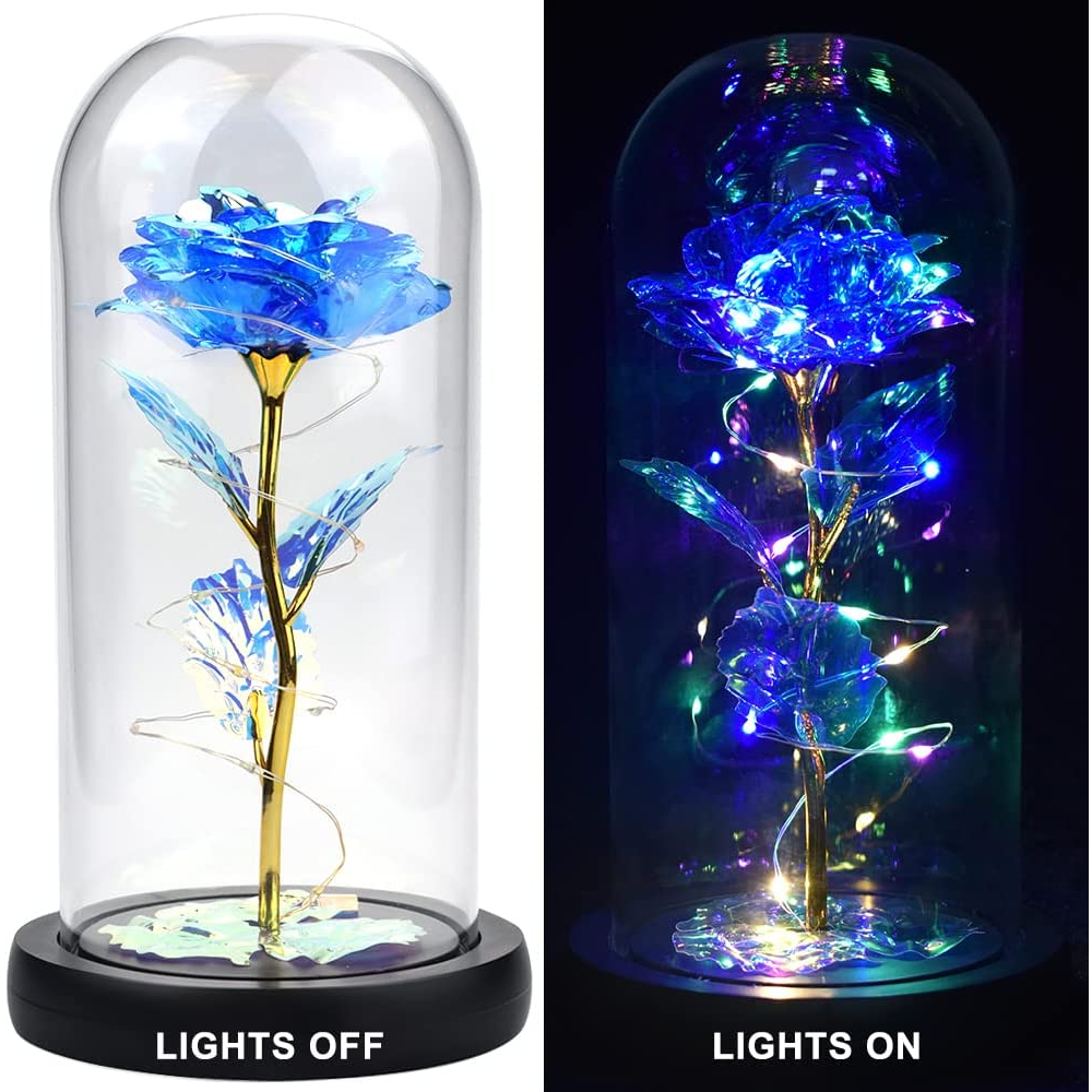 LED Artificial Rose Flower Rose Glass Cover Crystal Rose Dome Mothers ...
