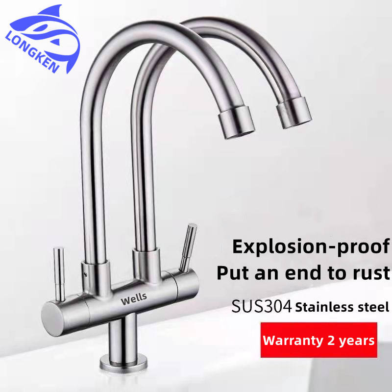 LONGKEN 304 Stainless Steel Faucet Double Pipe Open Single Cold Kitchen ...