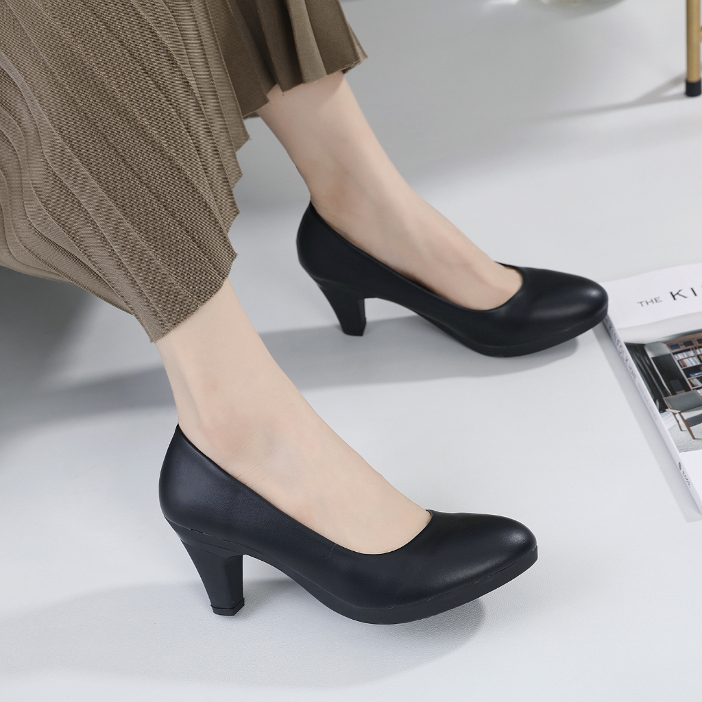 「KAEVE」2 inch simple leather black heels school shoes for women work ...