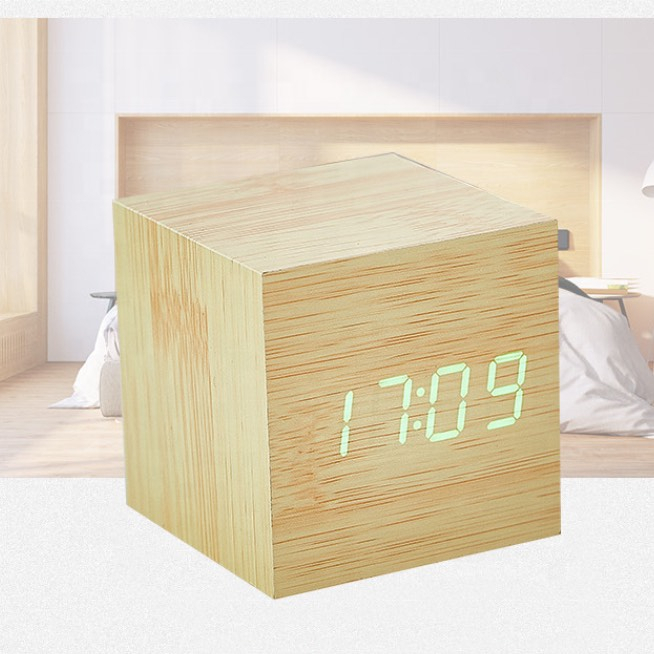 Digital Mini Size Wooden Cube Alarm Clock with LED, Temperature, and ...