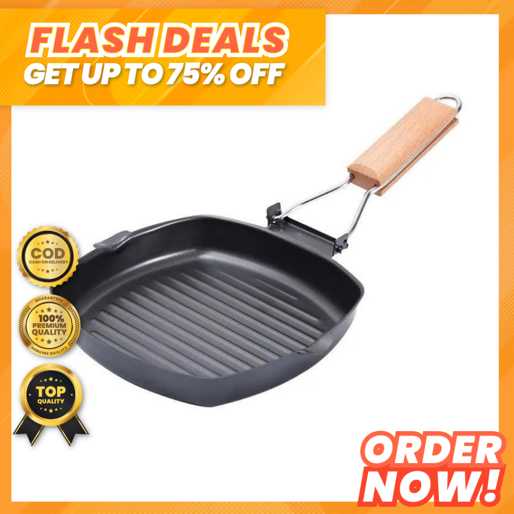 Original Non-sticky Cast Iron Steak Frying Pan Wooden Handle Folding ...