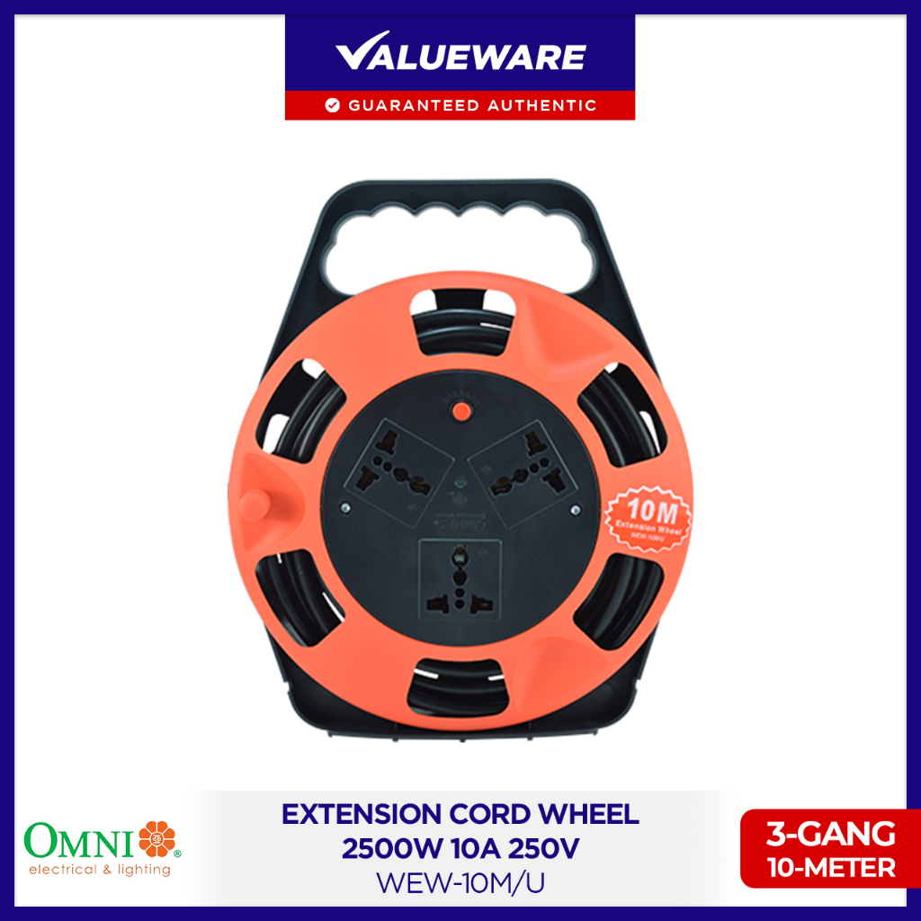 OMNI Extension Cord Wheel 3-Gang 10-Meter Wire Length 2500W 10A 250V ...