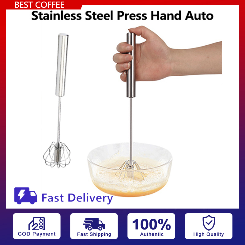 Stainless Steel Press Hand Auto Rotating Whisk Push Whip Wire Mixer Egg ...