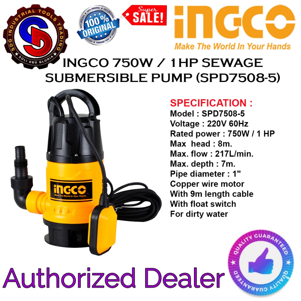INGCO 750W / 1HP Sewage Submersible Water Pump w/ Floater Switch ...