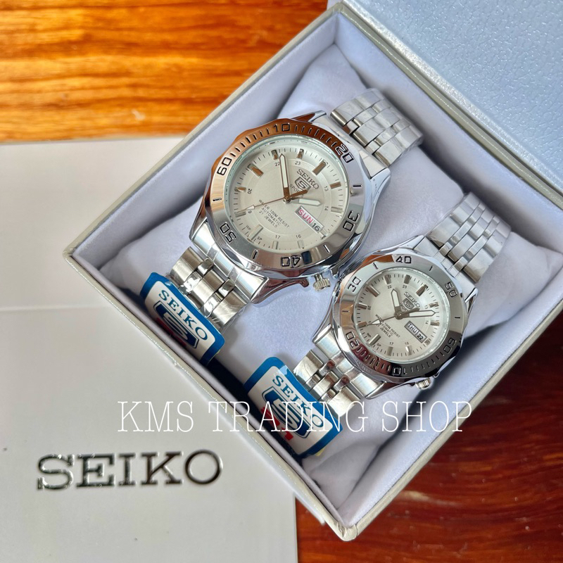 NEW Seiko 5 Silver Automatic Hand Japan Movement Watch Couple with Day ...