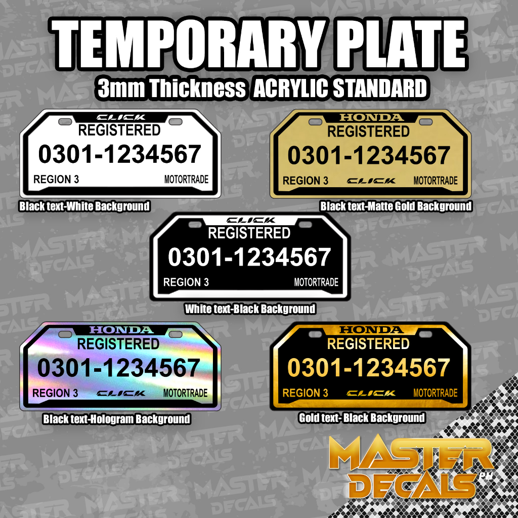 TEMPORARY PLATE FOR MOTORCYCLES 3mm acrylic Waterproof Black Text White ...