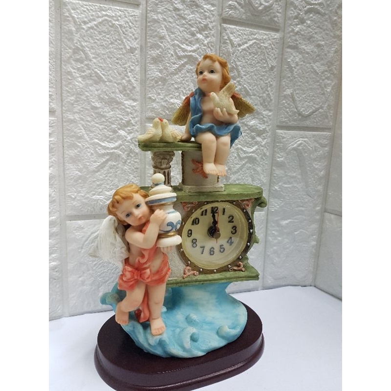 10 inches clock 2 angels With dove wooden base | Shopee Philippines