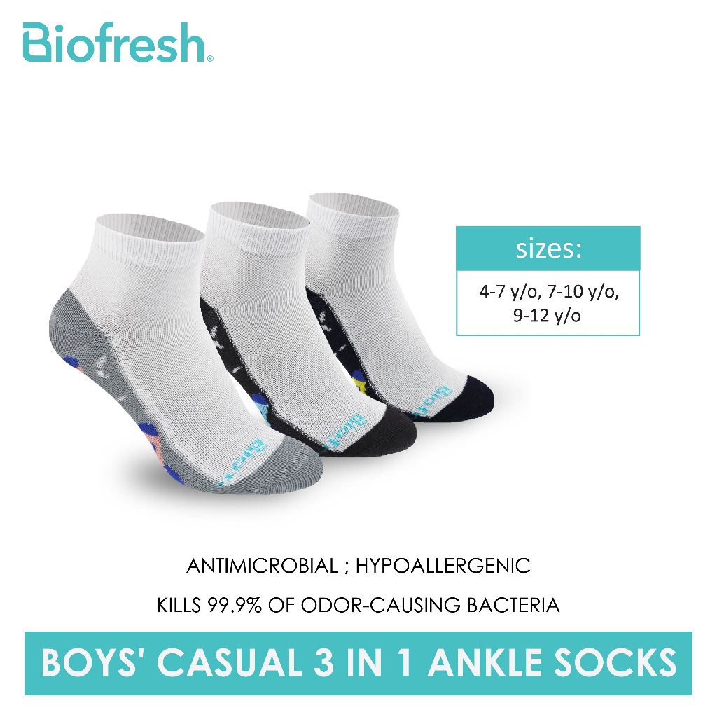 Biofresh Boys’ Antimicrobial Cotton Lite Thin Casual Ankle Socks 3 ...