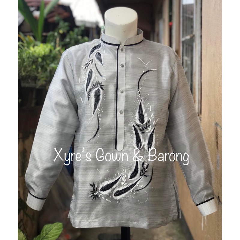 Hand Painting SilverGray/OliveGreen/Violet/Maroon/Gray Barong Tagalog w ...