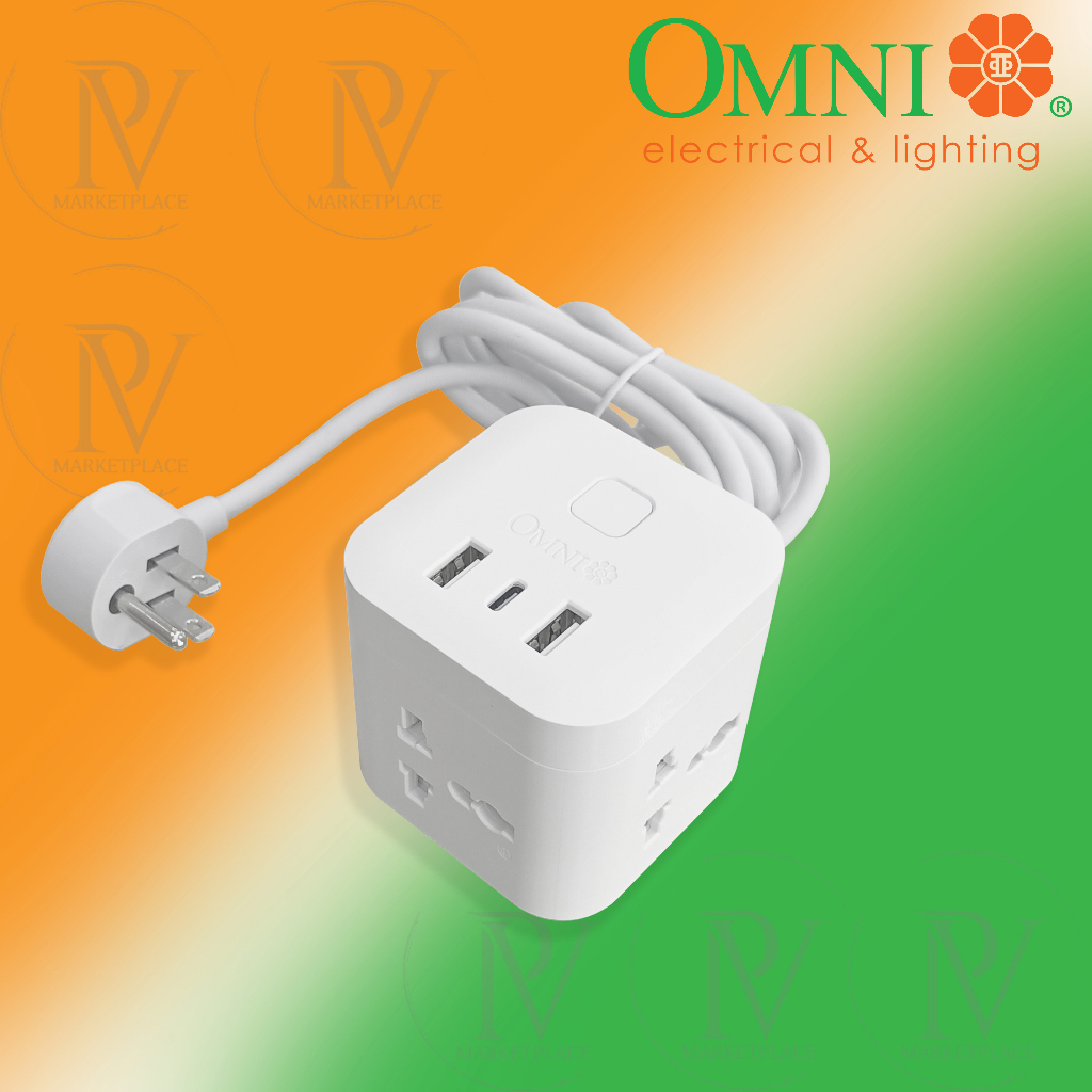 OMNI Cube Extension Cord, Compact, Portable, 3 gang outlet, 2 Usb A, 1 ...