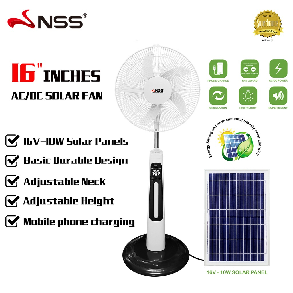 NSS Solar Electric Fan 16inch Rechargeable Fan Stand Fan With Solar ...