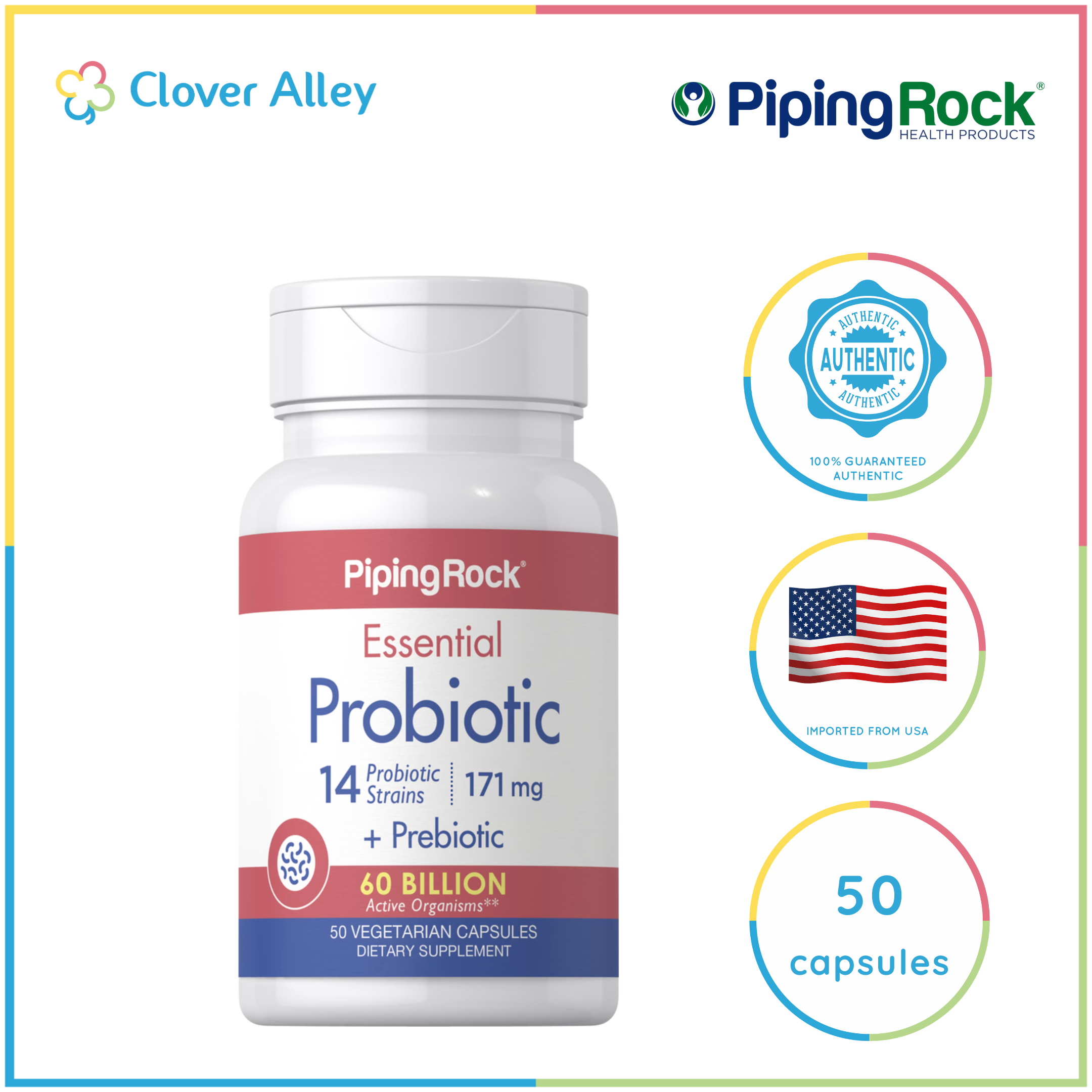 Pipingrock Essential Probiotic 14 Strains 60 Billion + Prebiotic, 50 ...