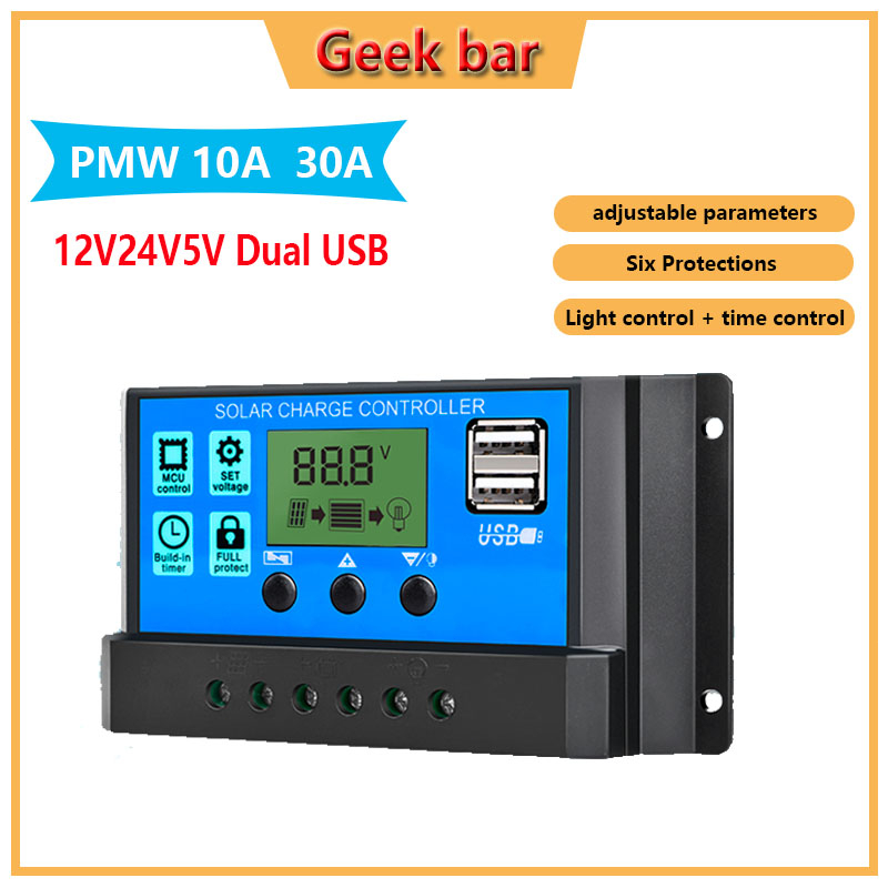 GEEKBAR 10/30A PWM 12V/24V Solar Panel Regulator Charge Controller battery charger LCD Display ...