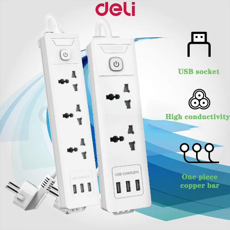 Deli 2M Universal Extension Cord 3 Socket & 3 USB Household Power Strip ...
