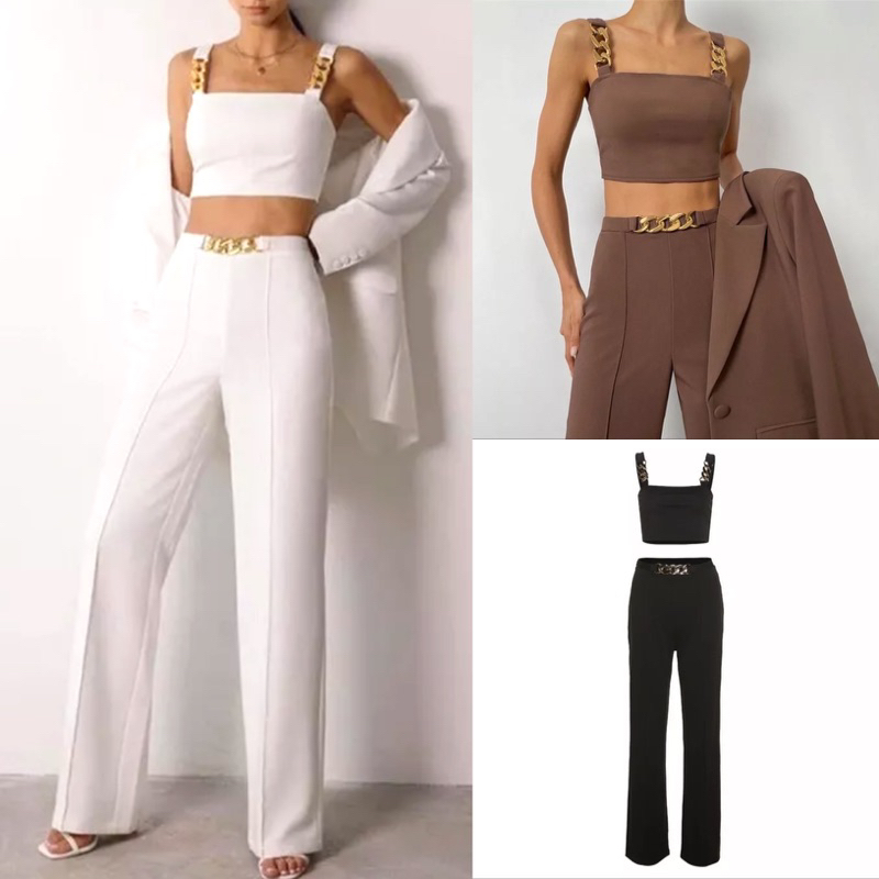 BKK Bangkok 3in1 formal blazer chain crop top pants trouser elegant ...