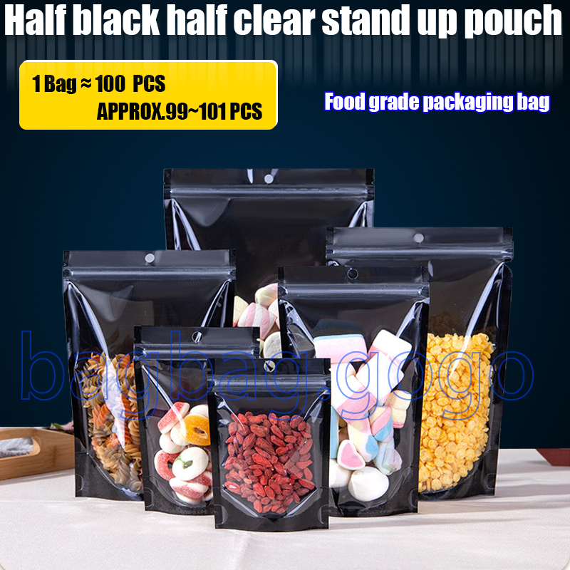 100PCS Half Black Aluminum Half Clear Stand Up Pouch with Zip Lock Packaging Plastic Sealing Bag ...
