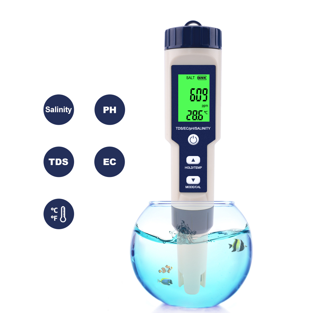 5 in 1 Salinity Meter, pH/ TDS/ Salinity/ EC/ Temp Meter, Water Quality ...